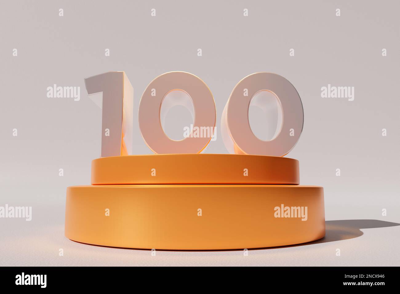 A 3d rendered number 100 on golden round-shaped flat stage on a gray ...