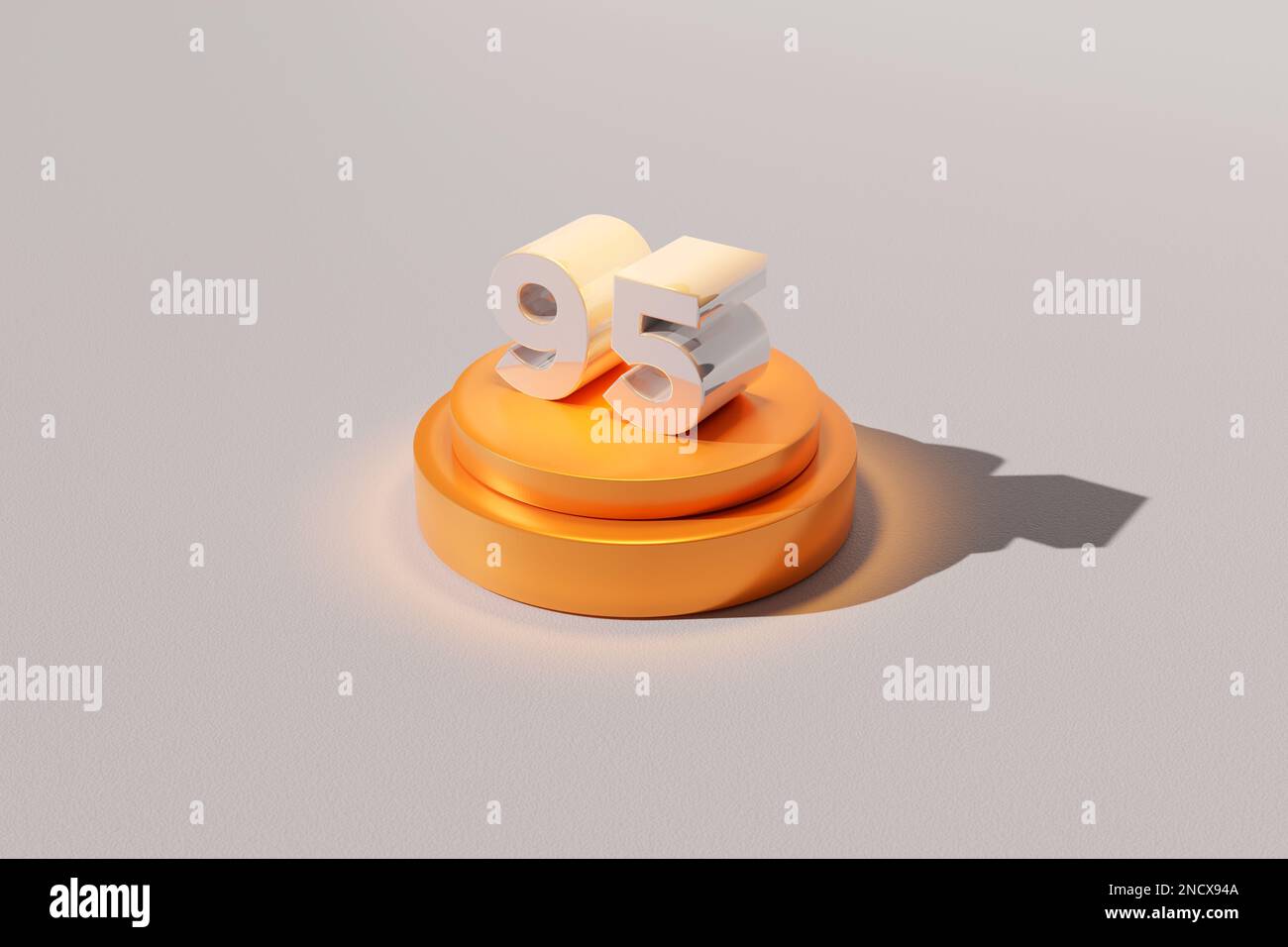 A 3d rendered number 95 on golden round-shaped flat stage on a gray ...