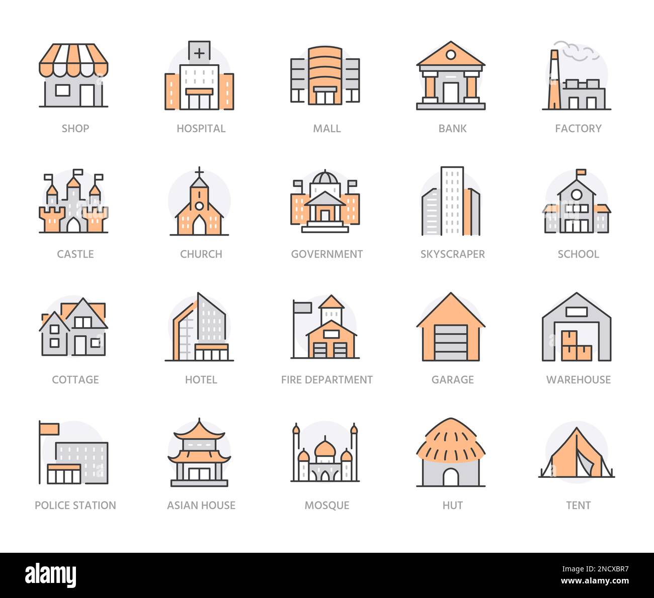 Building line icons set. Hospital, hotel, bank, mall, skyscraper ...