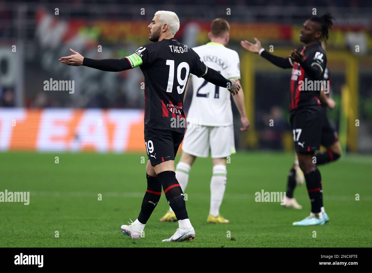 Milan, Italy. February 14, 2023, Theo Hernandez of Ac Milan gestures ...