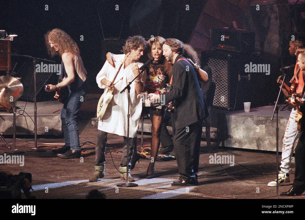 Rock stars Keith Richards, Tina Turner and Eric Clapton perform during ...