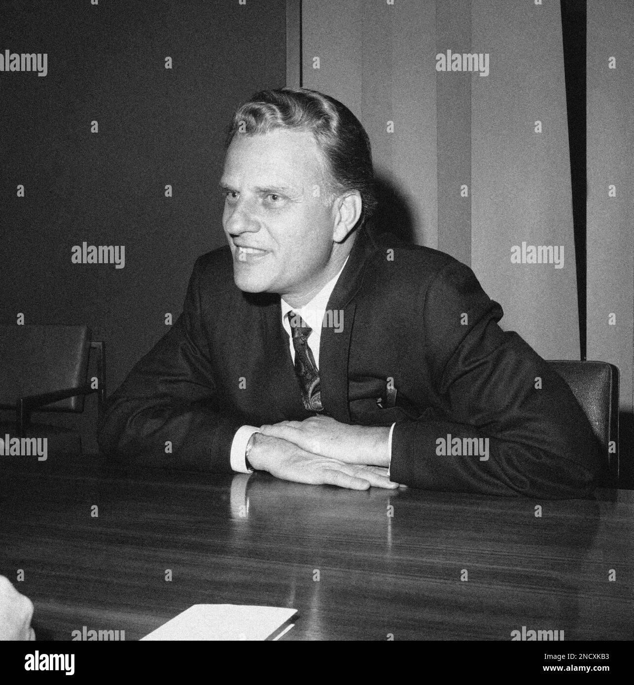 Evangelist Billy Graham at press conference at JFK Airport in New York ...