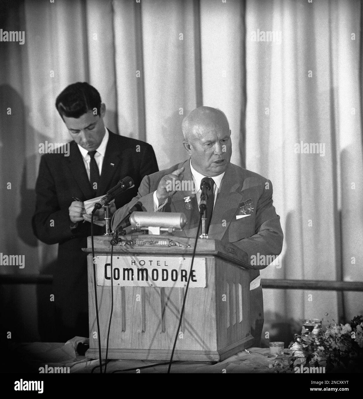 Soviet Premier Nikita Khrushchev speaks and gestures at the luncheon ...