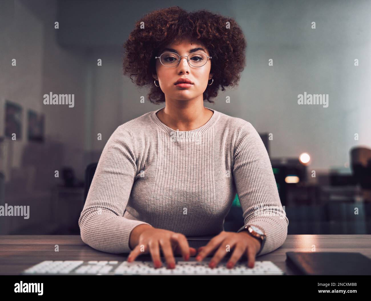 Portrait, programmer keyboard and woman typing, research or programming ...