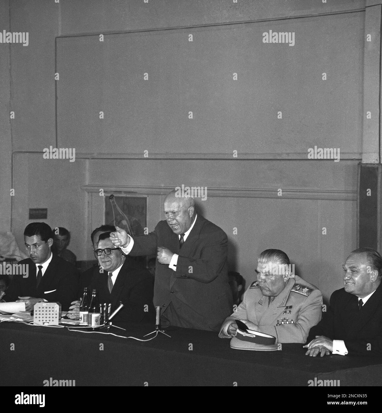 Soviet Premier Nikita Khrushchev, fists clenched, makes his "we well ...