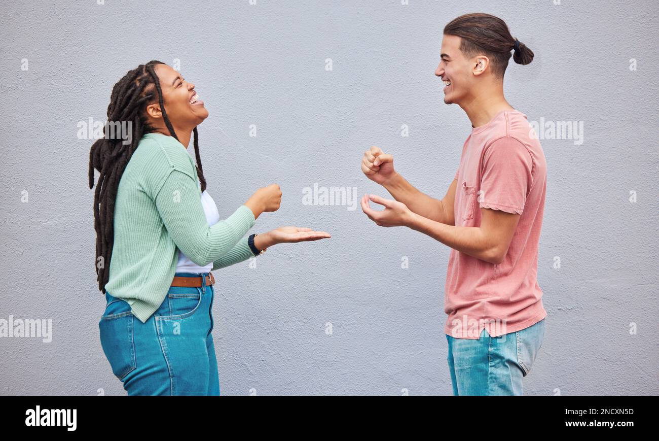 Happy, friends and game with hands of people and wall background for ...