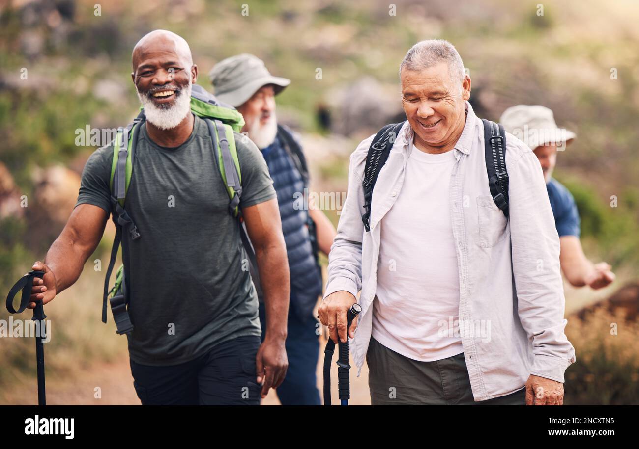 Hiking, nature and group of old men on mountain for fitness, trekking ...