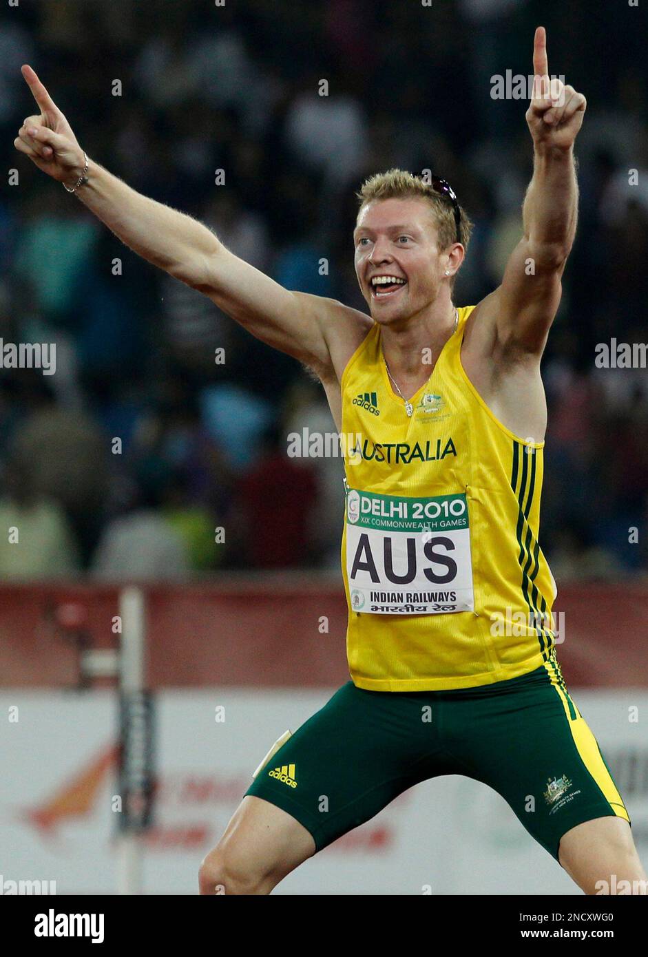 Australia's Joel Milburn reacts following the Men's 4x400m Relay final ...