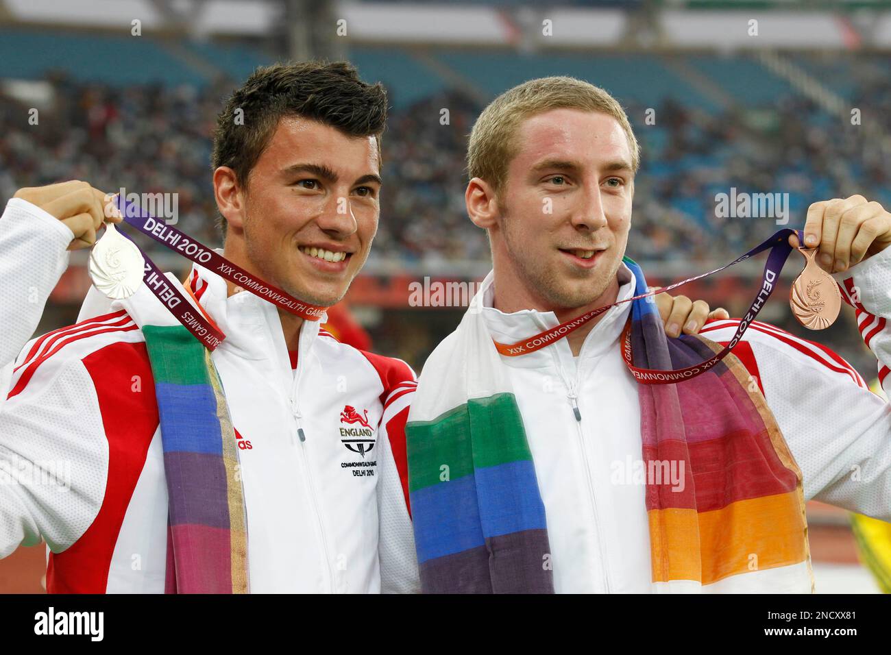 England's Steven Lewis, left, and England's Max Eaves, right, pose with ...