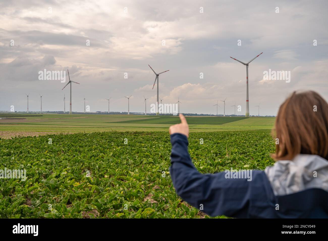 Woman with brown hair and blue jacket is pointing her finger on a wind ...