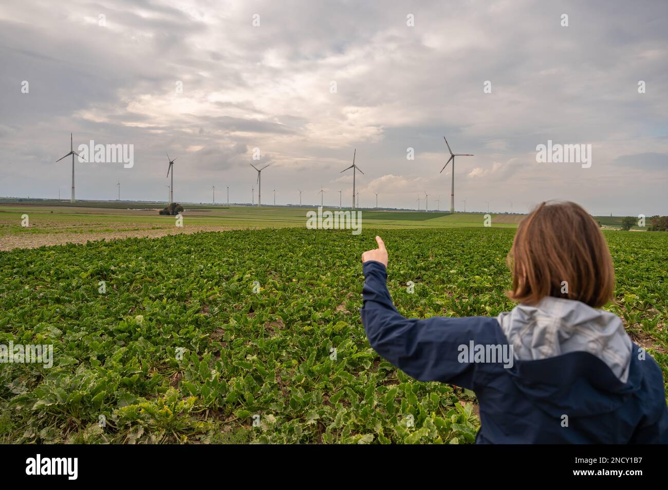 Woman with brown hair and blue jacket is pointing her finger on a wind ...