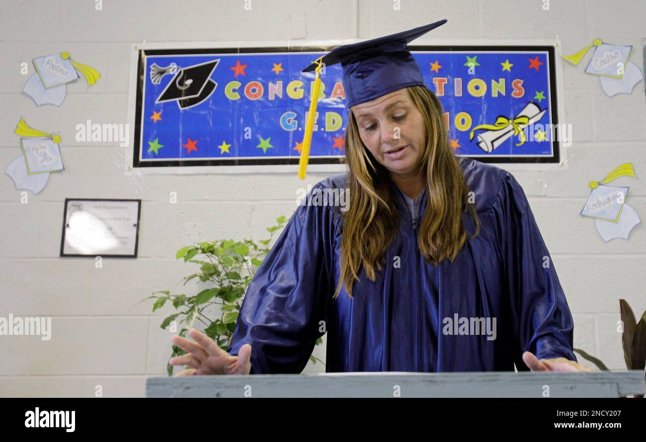 In this Oct. 7, 2010 photo, Jackie Postma, a GED graduate, speaks to ...