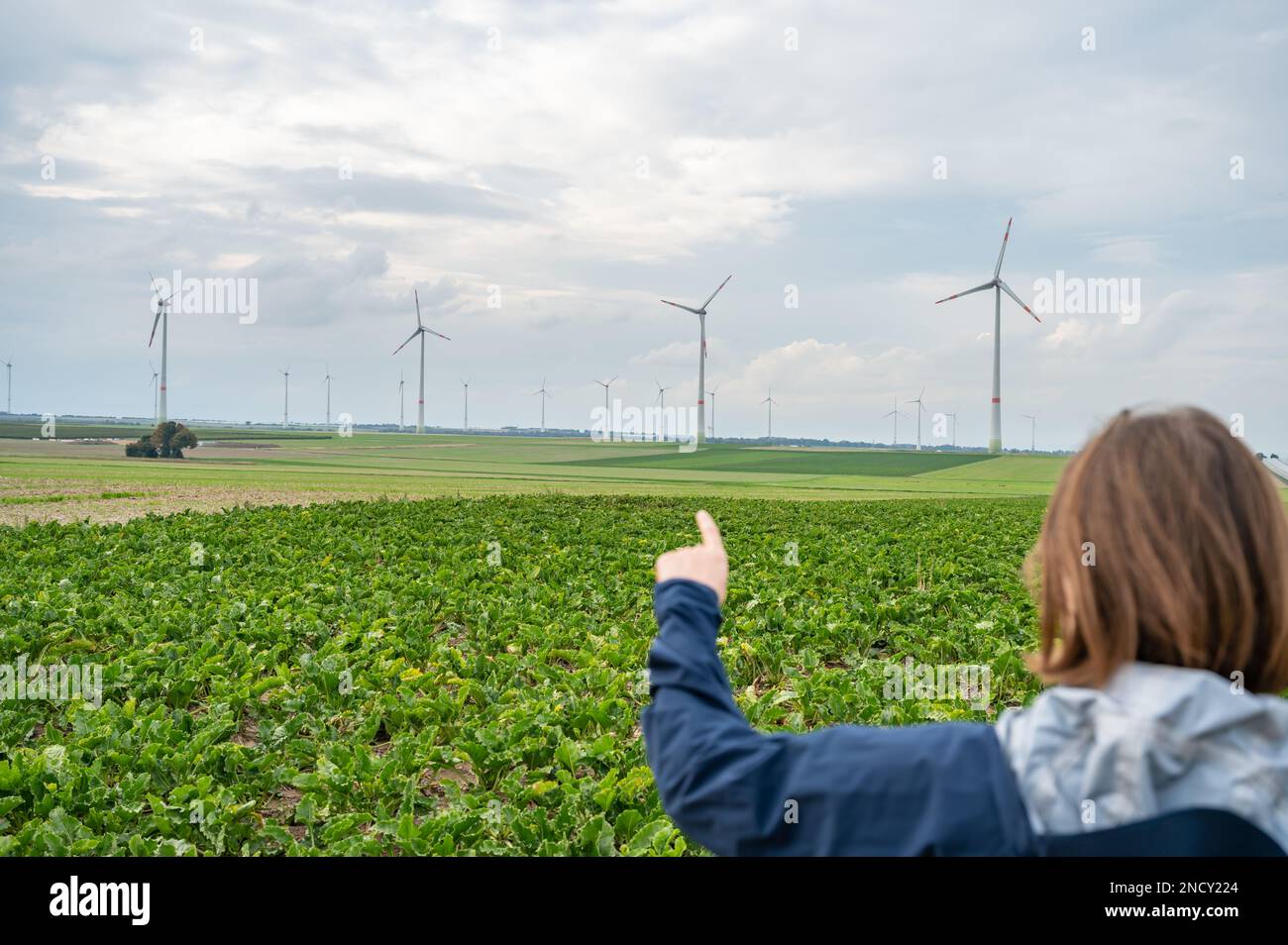 Woman with brown hair and blue jacket is pointing her finger on a wind ...