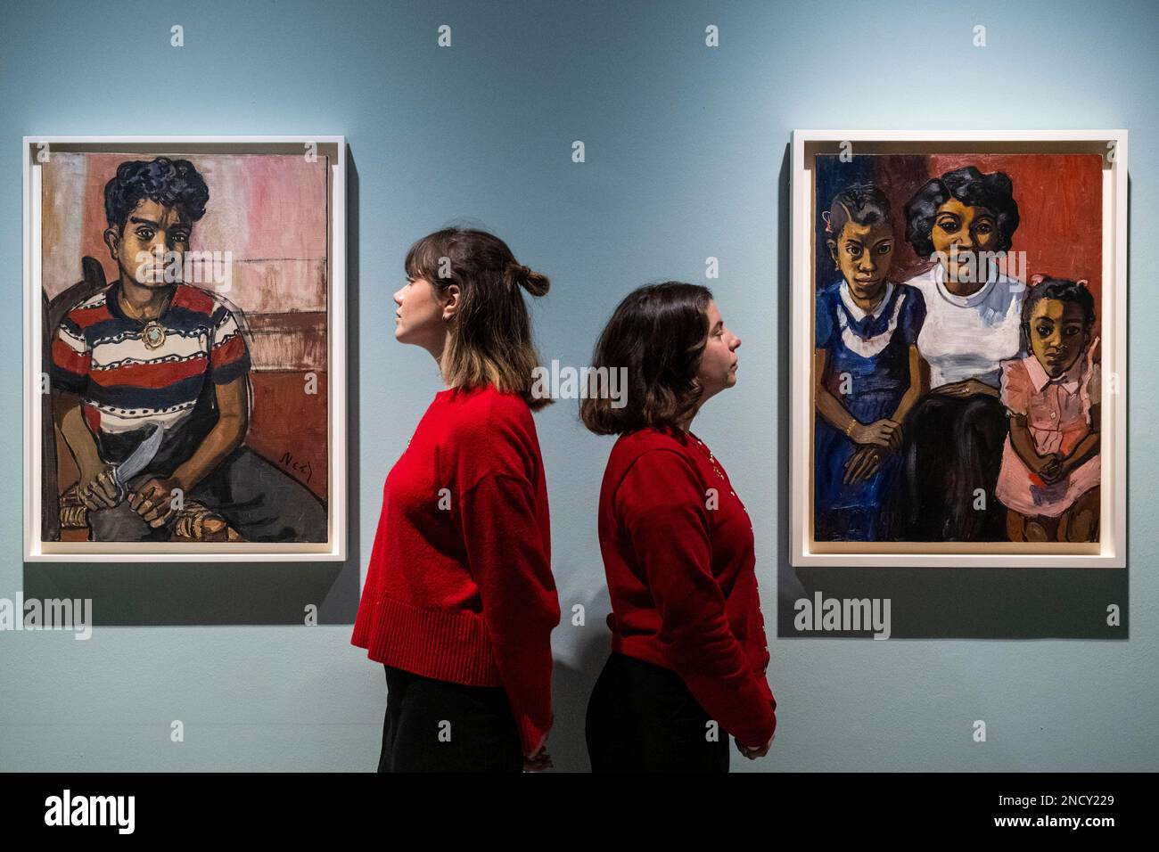 London, UK. 15 February 2023. Staff members view (L) 'Georgie Arce No ...