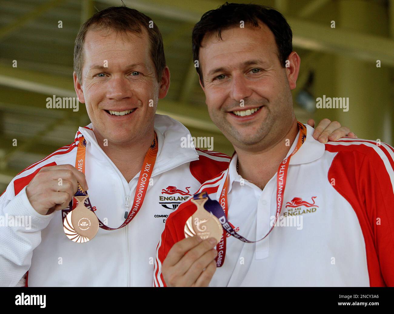 Bronze winners England's Richard Brickell, left, and Clive Bramley pose ...