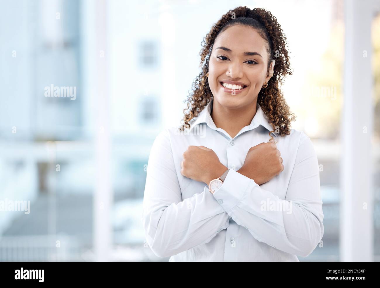 Deaf, portrait and black woman in office with hug, hand and gesture on ...