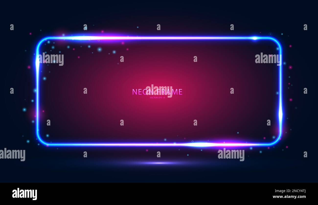 Neon rectangular frame with lights and highlights on a dark background ...