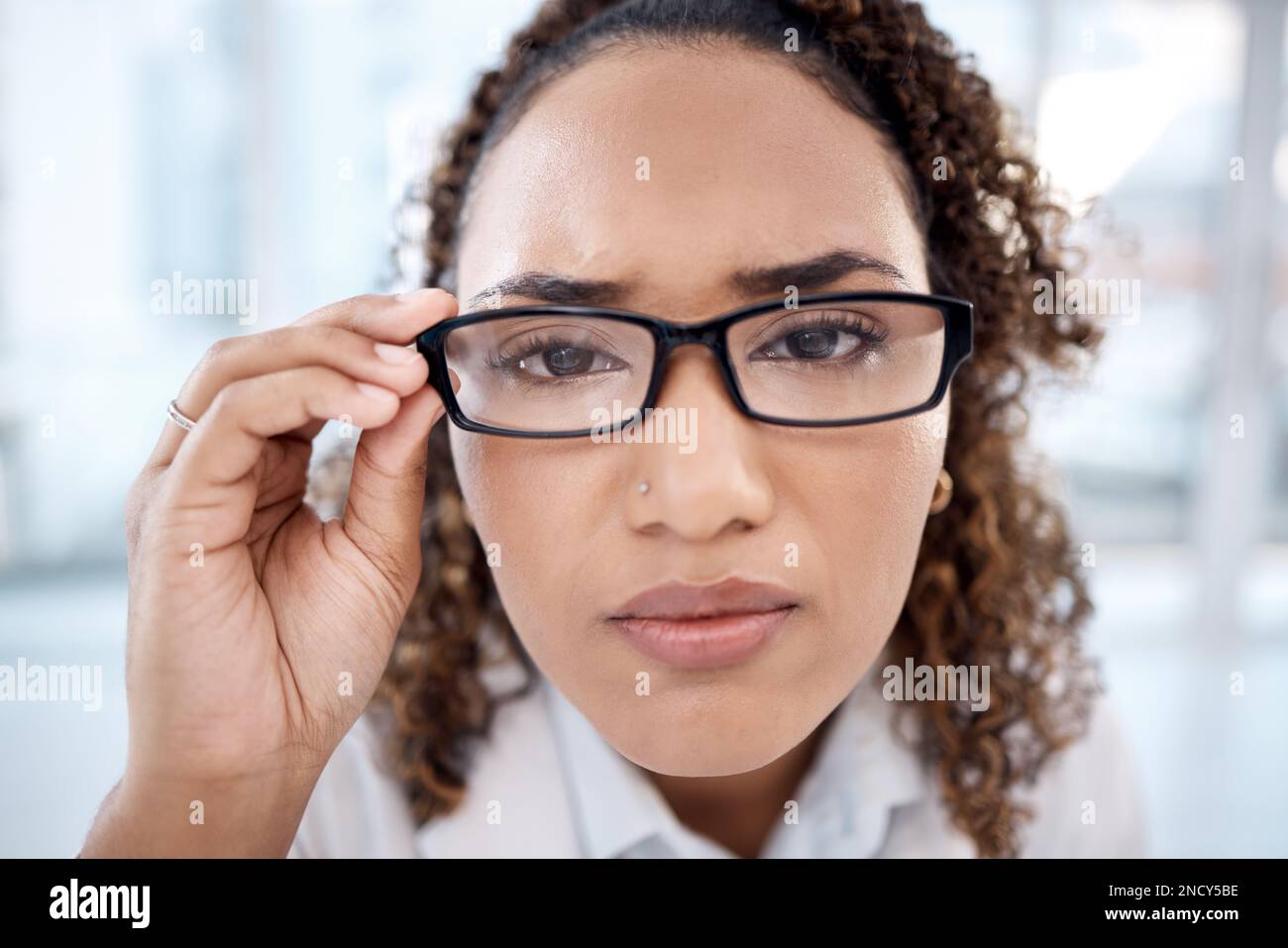 Optometry, glasses and portrait of black woman with vision problems ...