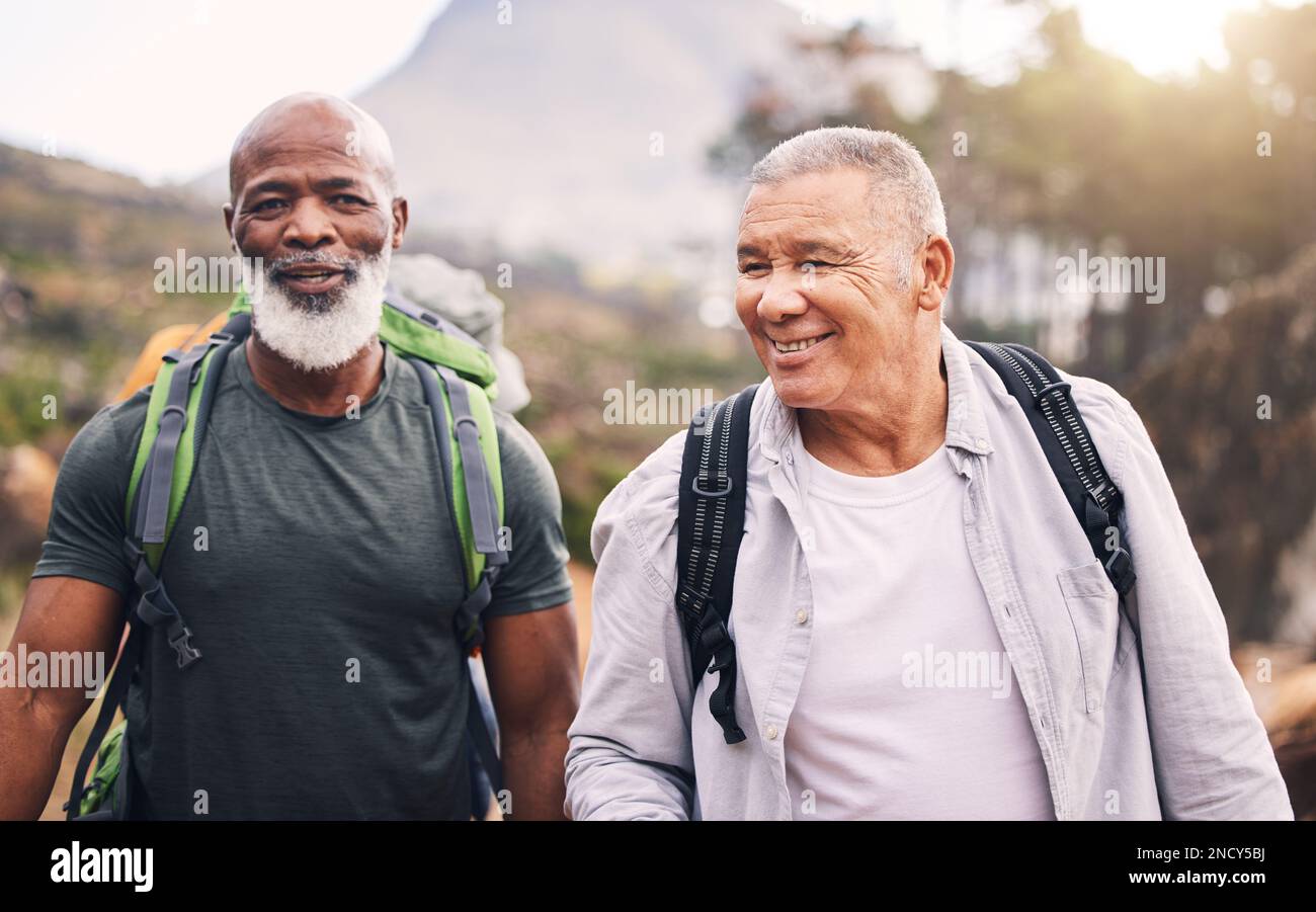 Hiking, happy and travel with old men on mountain for fitness, trekking ...