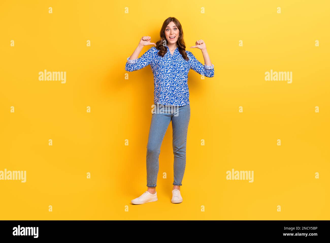 Full size photo of pretty positive girl indicate fingers self herself ...