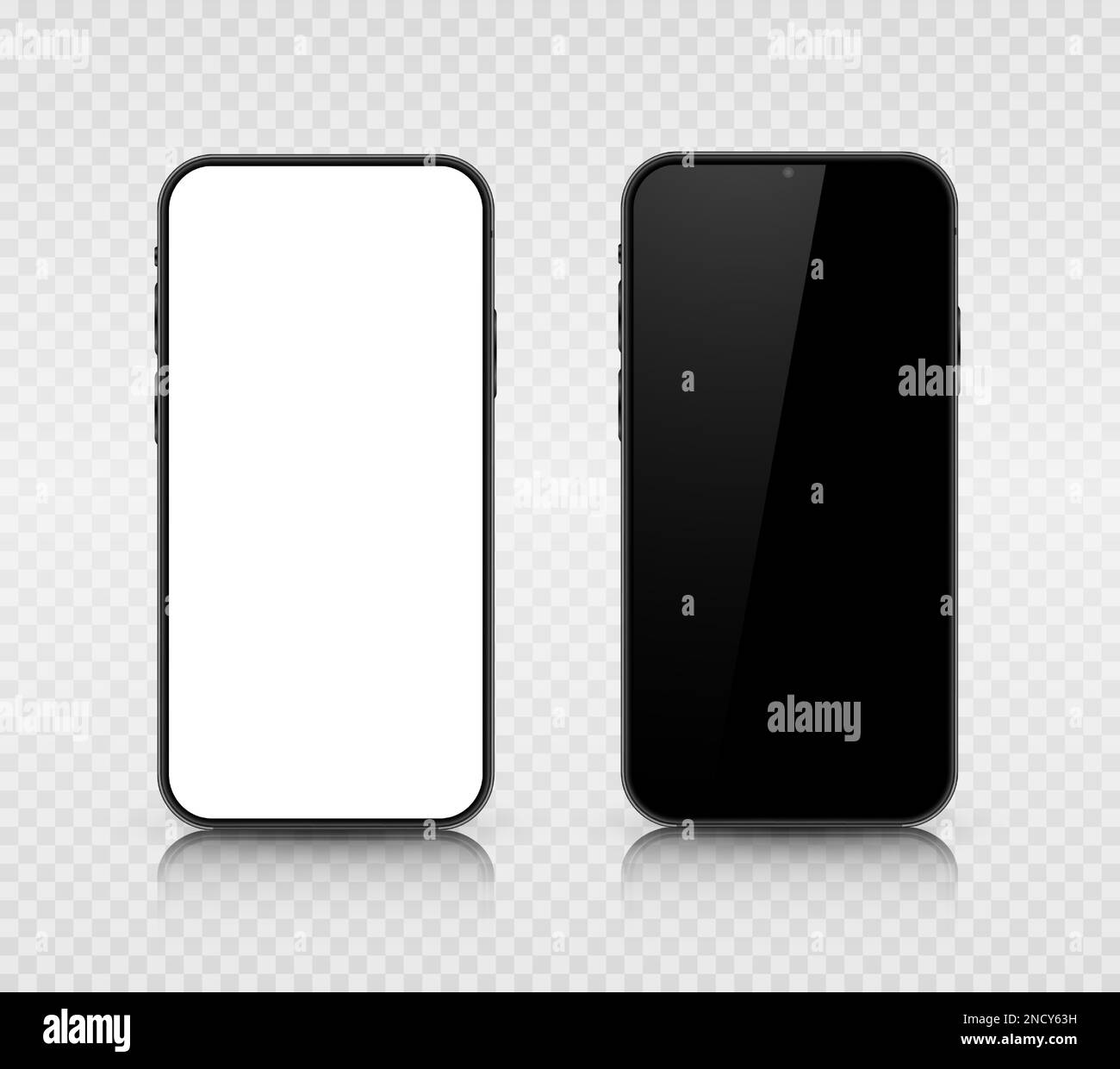 Two smartphone layouts with a black and white screen on a transparent ...