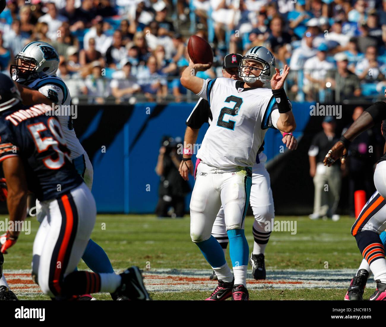 Carolina Panthers' Jimmy Clausen (2) throws a pass against the Chicago ...