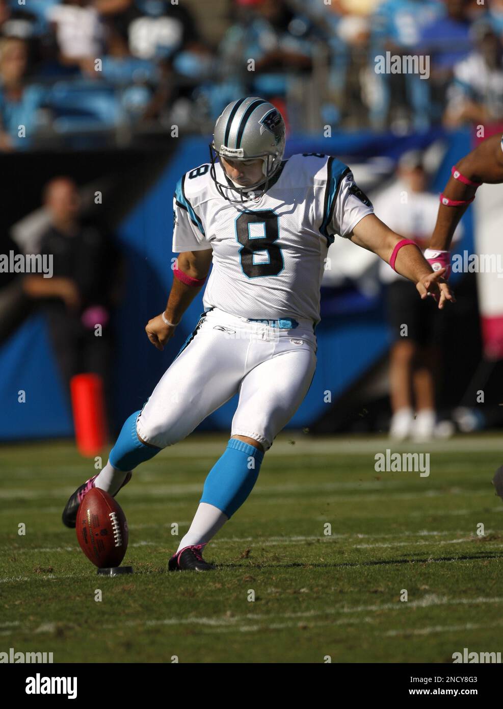 Carolina Panthers place kicker Rhys Lloyd kicks off against the Chicago Bears in an NFL football ...