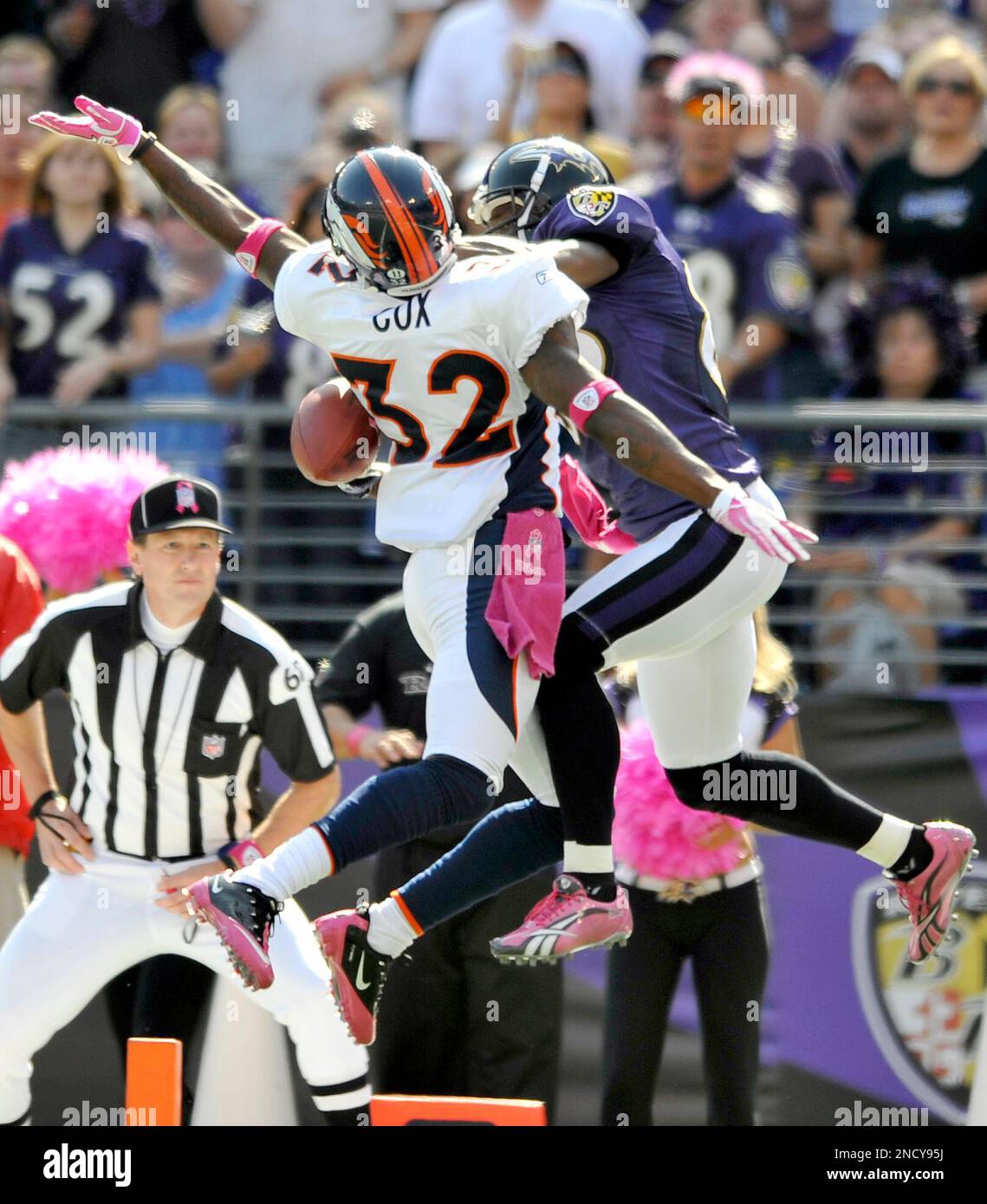 Denver Broncos cornerback Perrish Cox (32) breaks up a pass intended ...