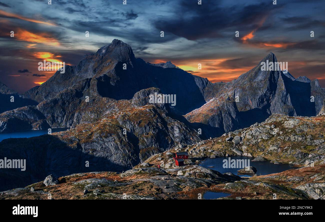 View of mountain peaks from hiking trail to Munkebu, Moskenes, Lofoten ...