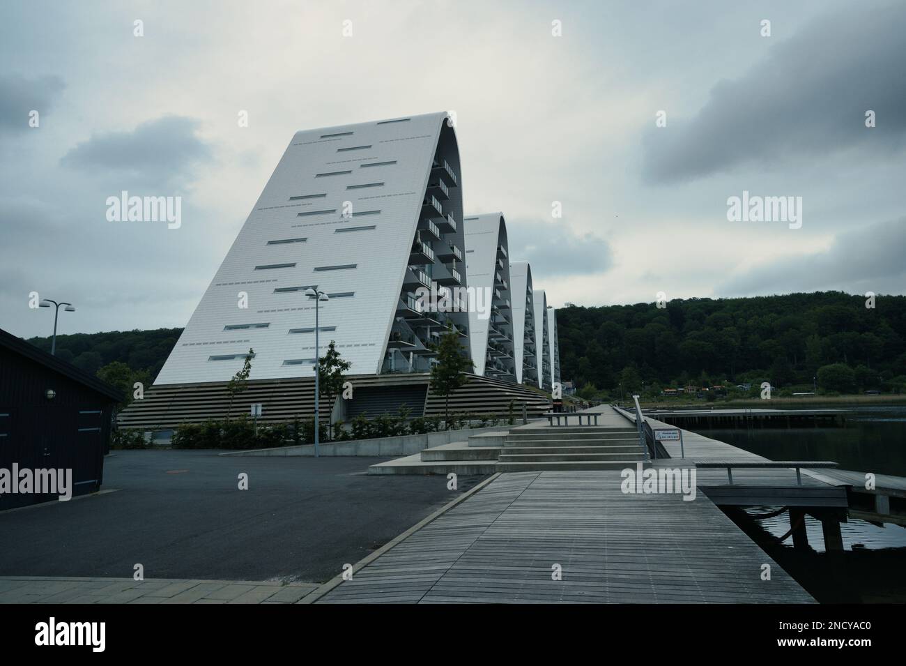 A low-angle of the wave houses in Vejle, Denmark, modern architecture ...