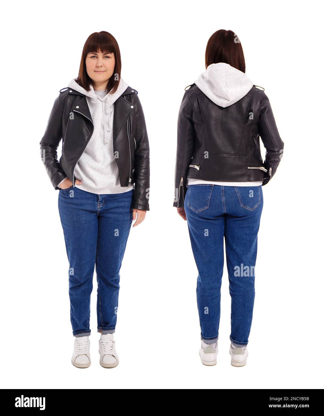 front and back view of young woman posing in jeans, hoodie and black ...