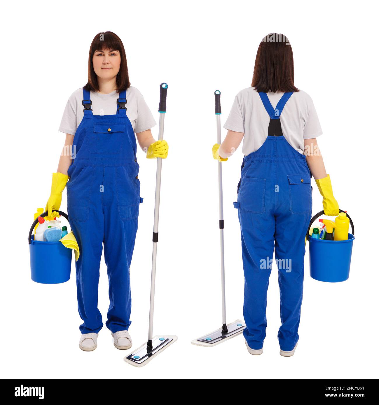 front and back view of young woman cleaner in blue uniform posing with ...