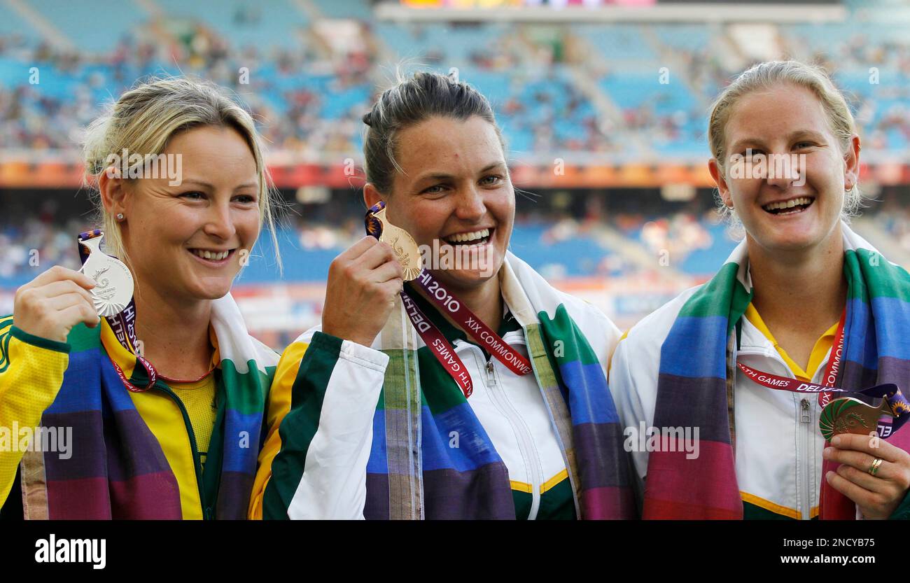 From left, Australia's Kim Mickle, South Africa's Sunette Viljoen, and ...
