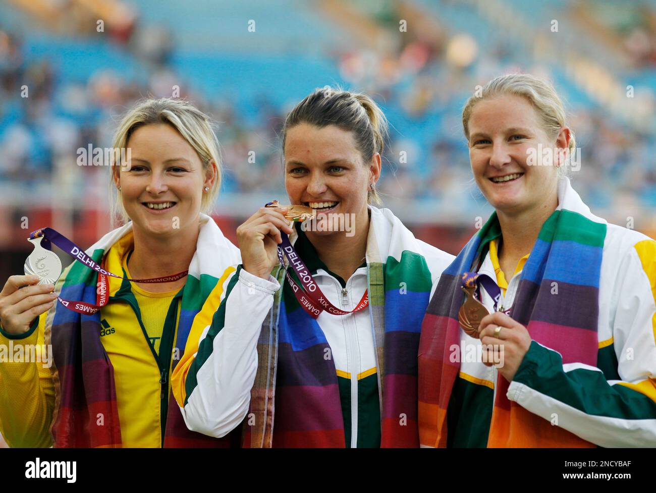 From left, Australia's Kim Mickle, South Africa's Sunette Viljoen, and ...