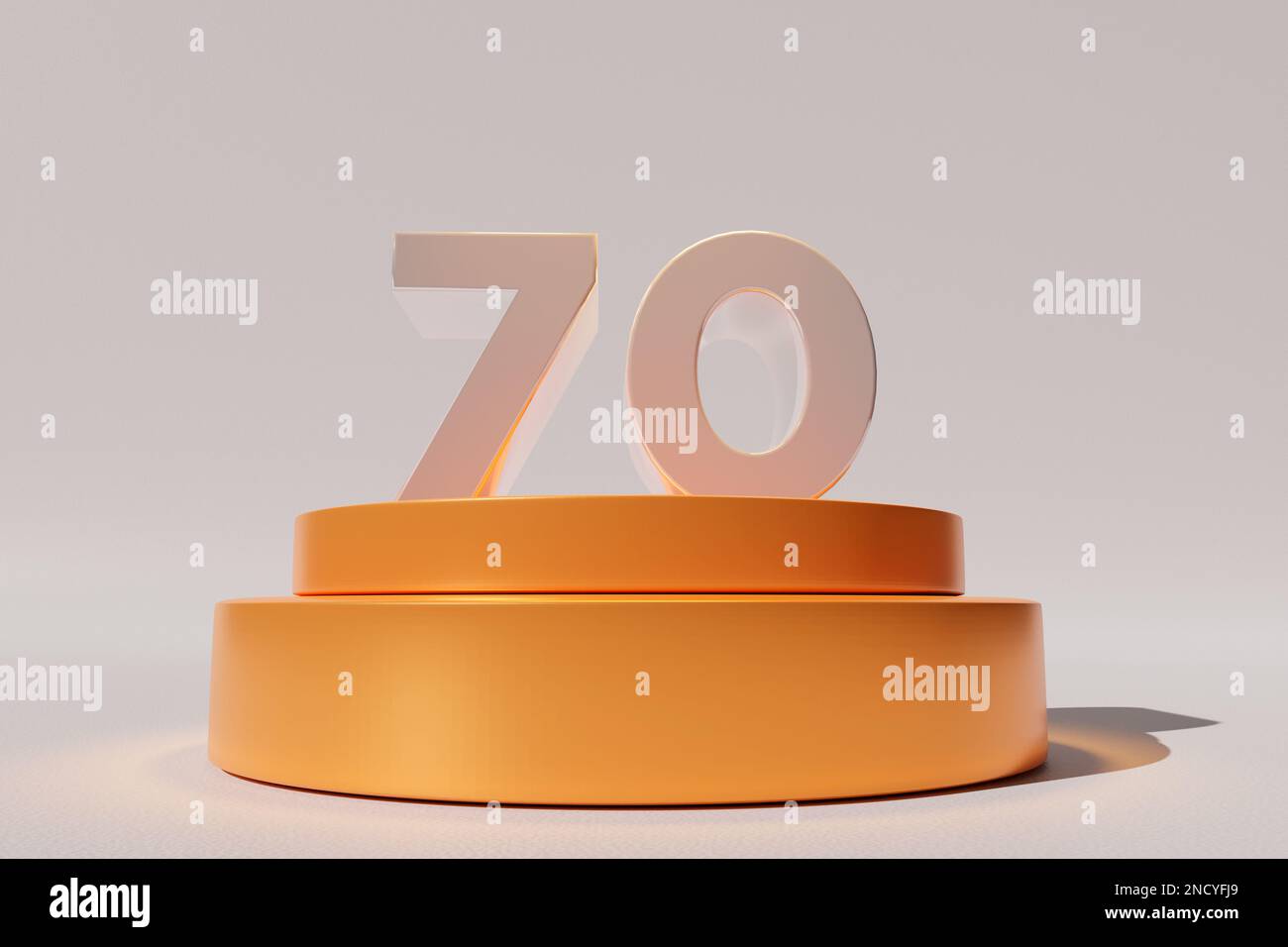 A 3D rendering of round orange platform with white number 70 ...