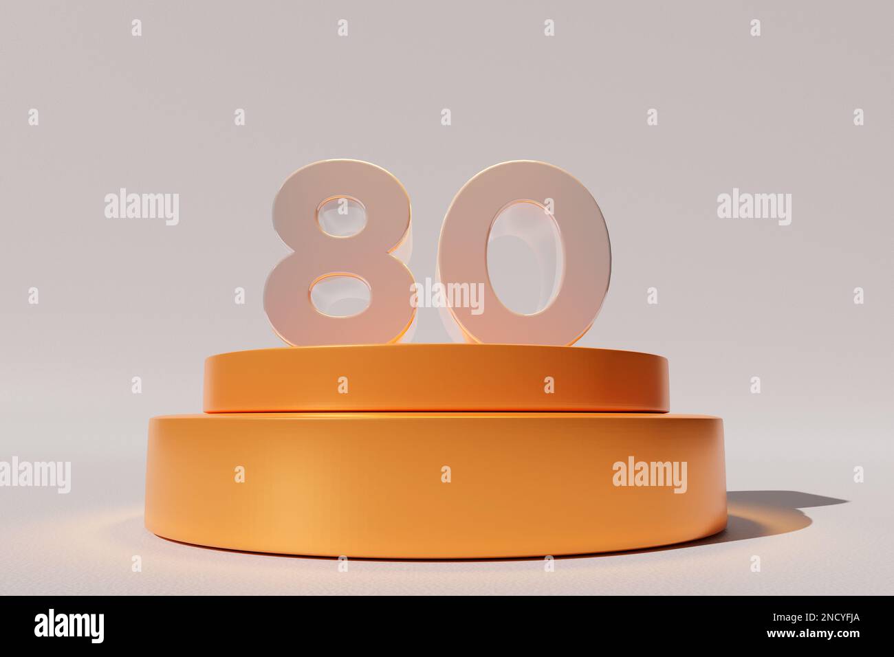 A 3D rendering of round orange platform with white number 80 symbolizing anniversary,pastel ...