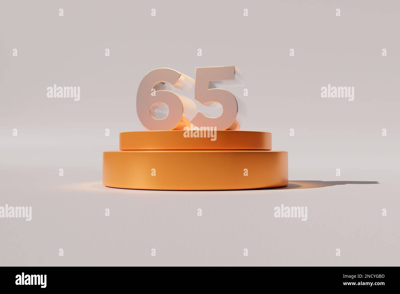 A 3D rendering of round orange platform with white number 65 ...