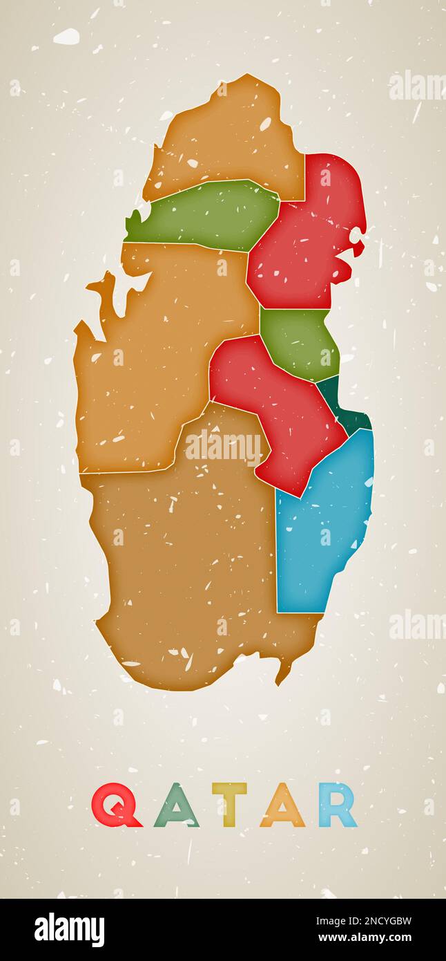 Qatar map. Country poster with colored regions. Old grunge texture ...