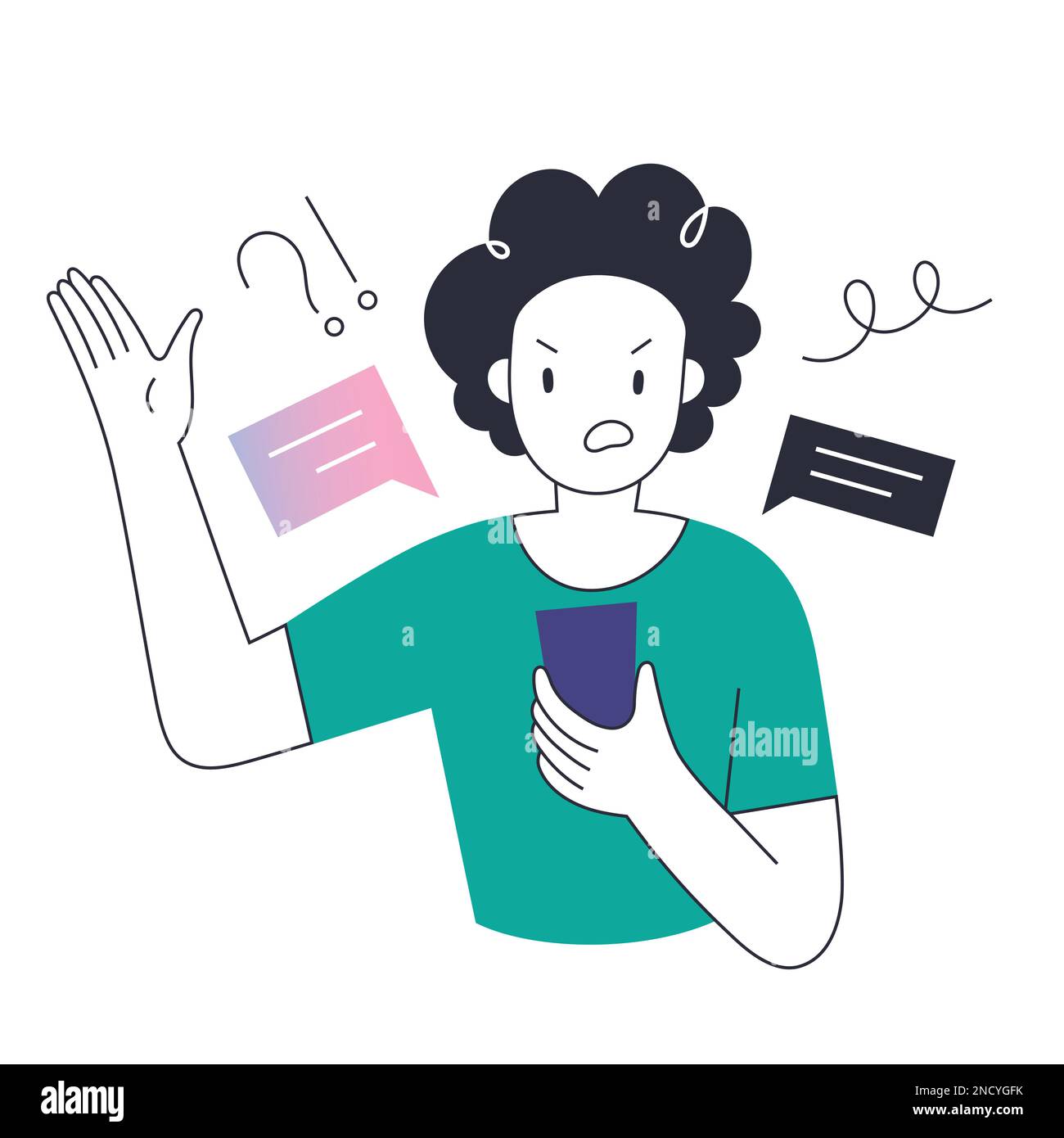 Angry young Afro-American woman reading bad news in her news feed or ...