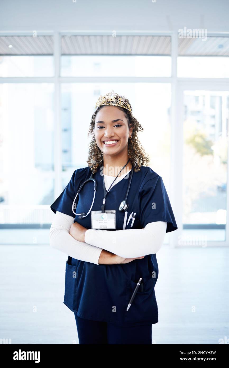 Doctor woman, crown and celebration portrait for career goals ...