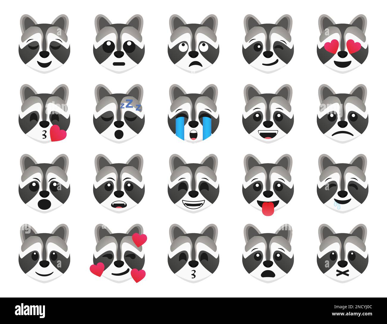 Racoon emoticon smile icons collection. Cartoon racoon emoji set ...