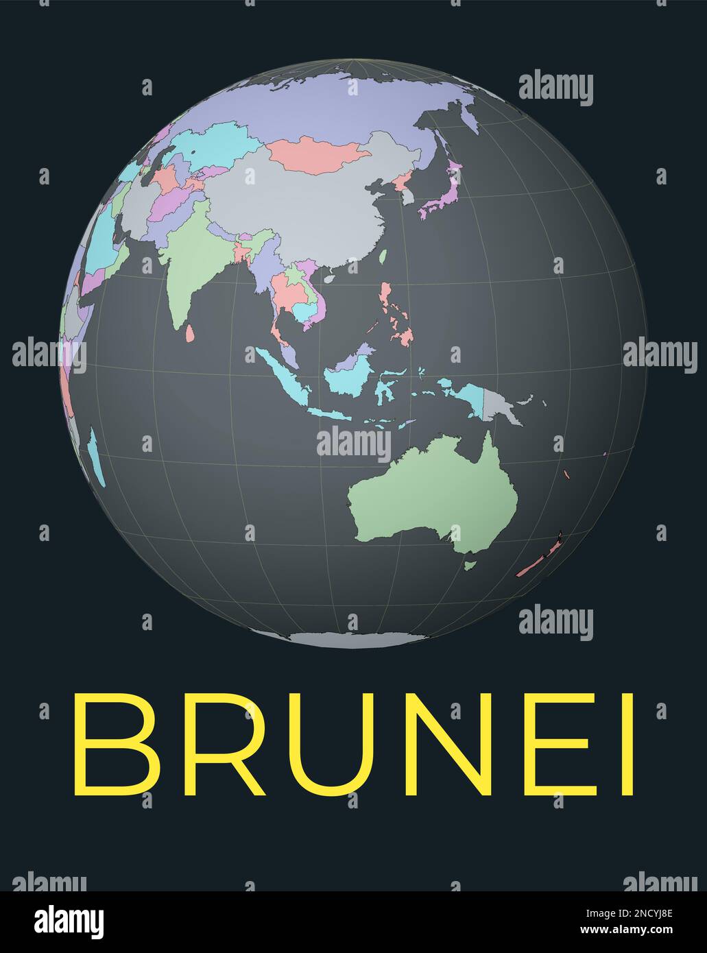 World map centered on Brunei. Red country highlighted. Satellite world ...
