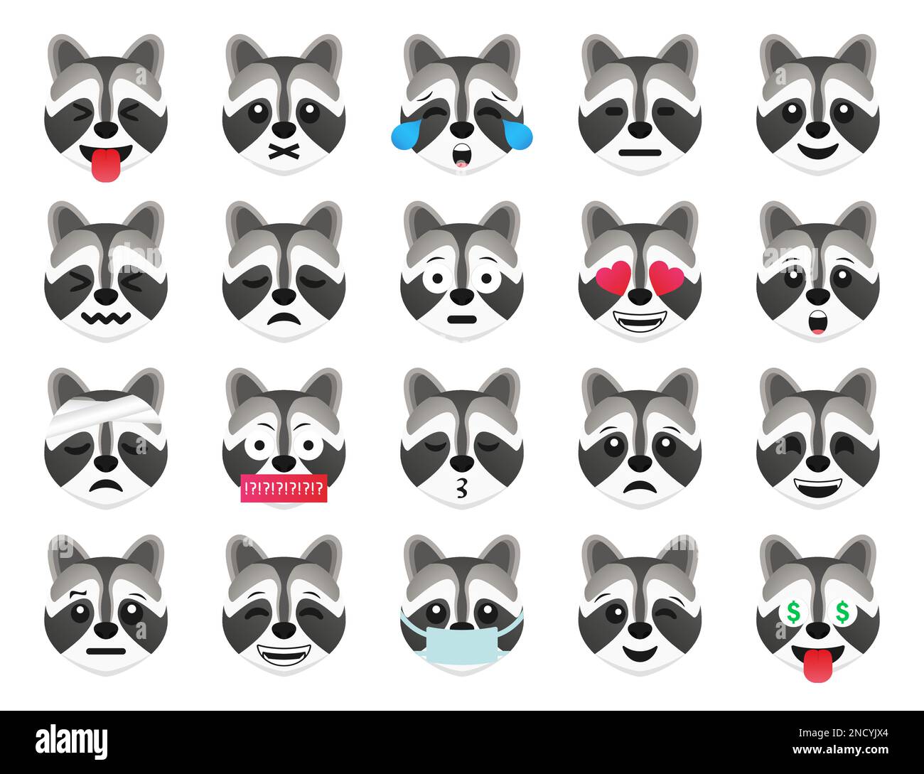 Racoon emoticon smile icons collection. Cartoon racoon emoji set ...