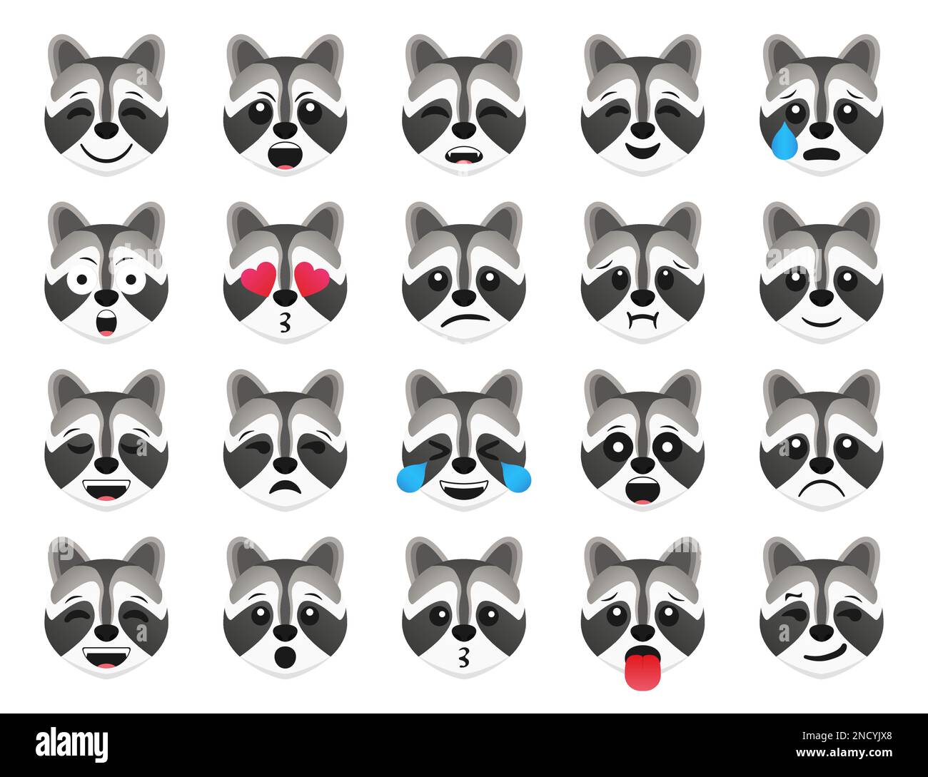 Racoon emoticon smile icons collection. Cartoon racoon emoji set ...
