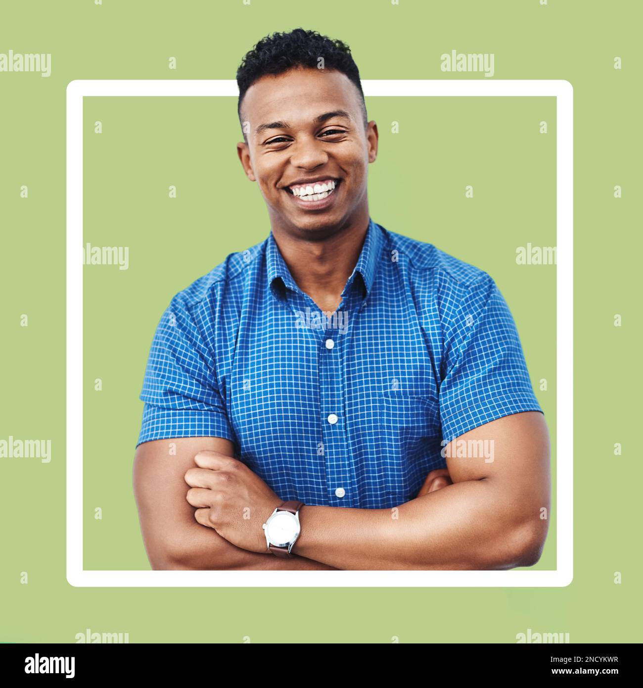 Frame, portrait and border of black man smile, happy and excited with ...