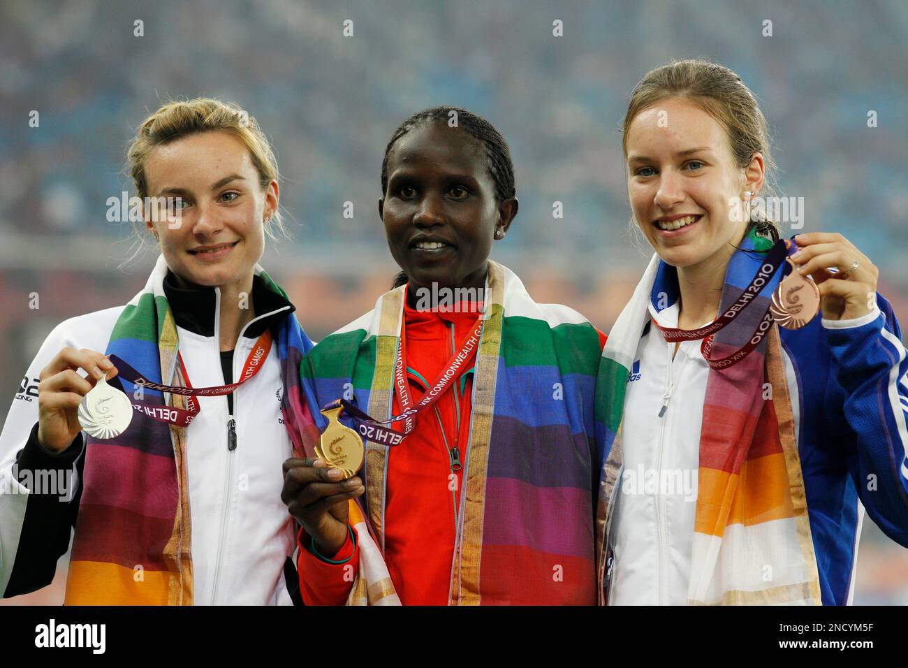 From left, New Zealand's Nikki Hamblin, Kenya's Nancy Lan'gat, and Scotland's Stephanie Twell ...
