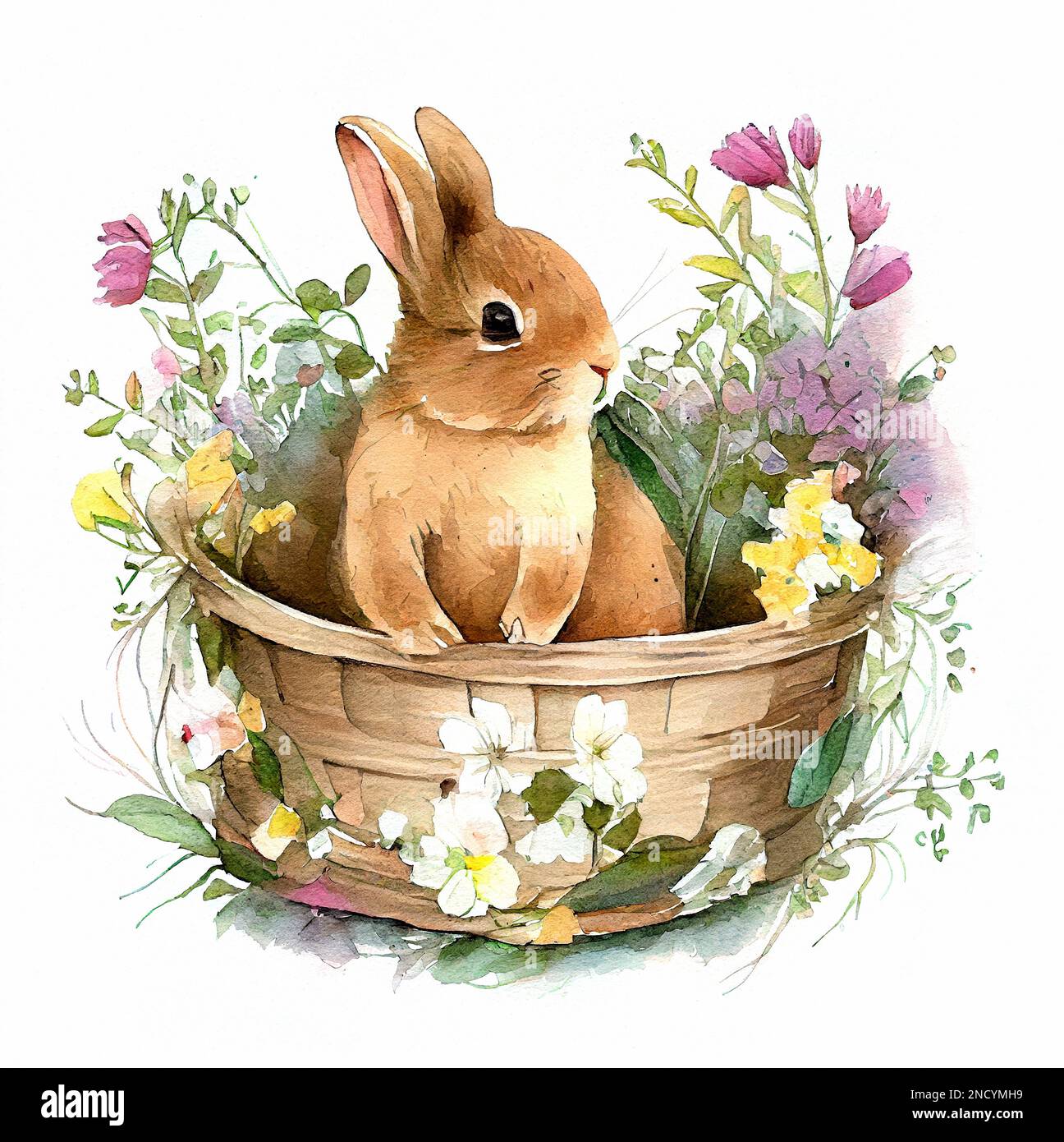 Rabbit sitting in a basket of flowers hand drawn watercolor ...