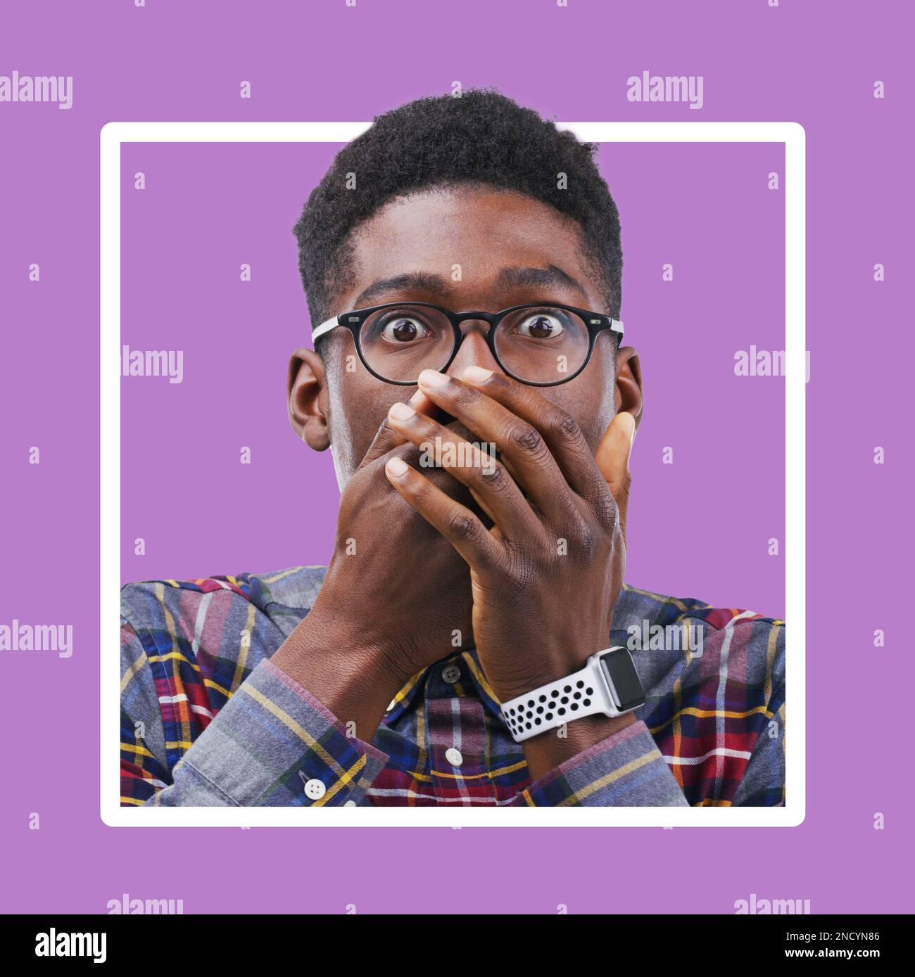 Portrait, black man and hands over mouth for wow, shocked news and purple frame, border and ...