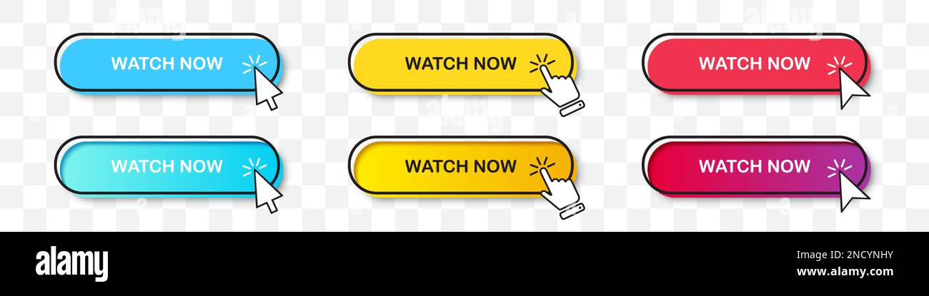 Watch Now buttons collection with cursor pointer in two styles. Flat design and gradient with ...