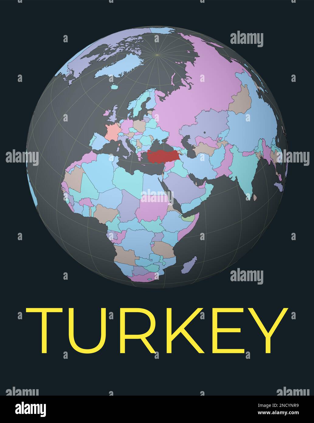 World map centered on Turkey. Red country highlighted. Satellite world ...